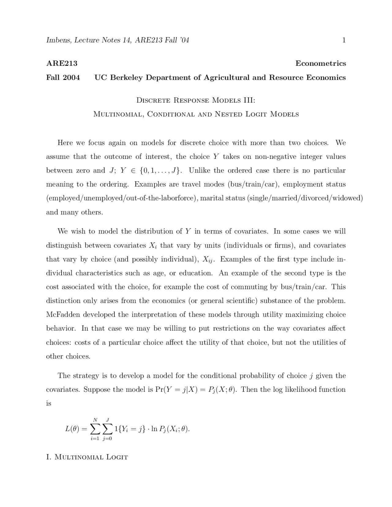 Discrete Response Models Iii Multinomial Conditional And Nested Logit