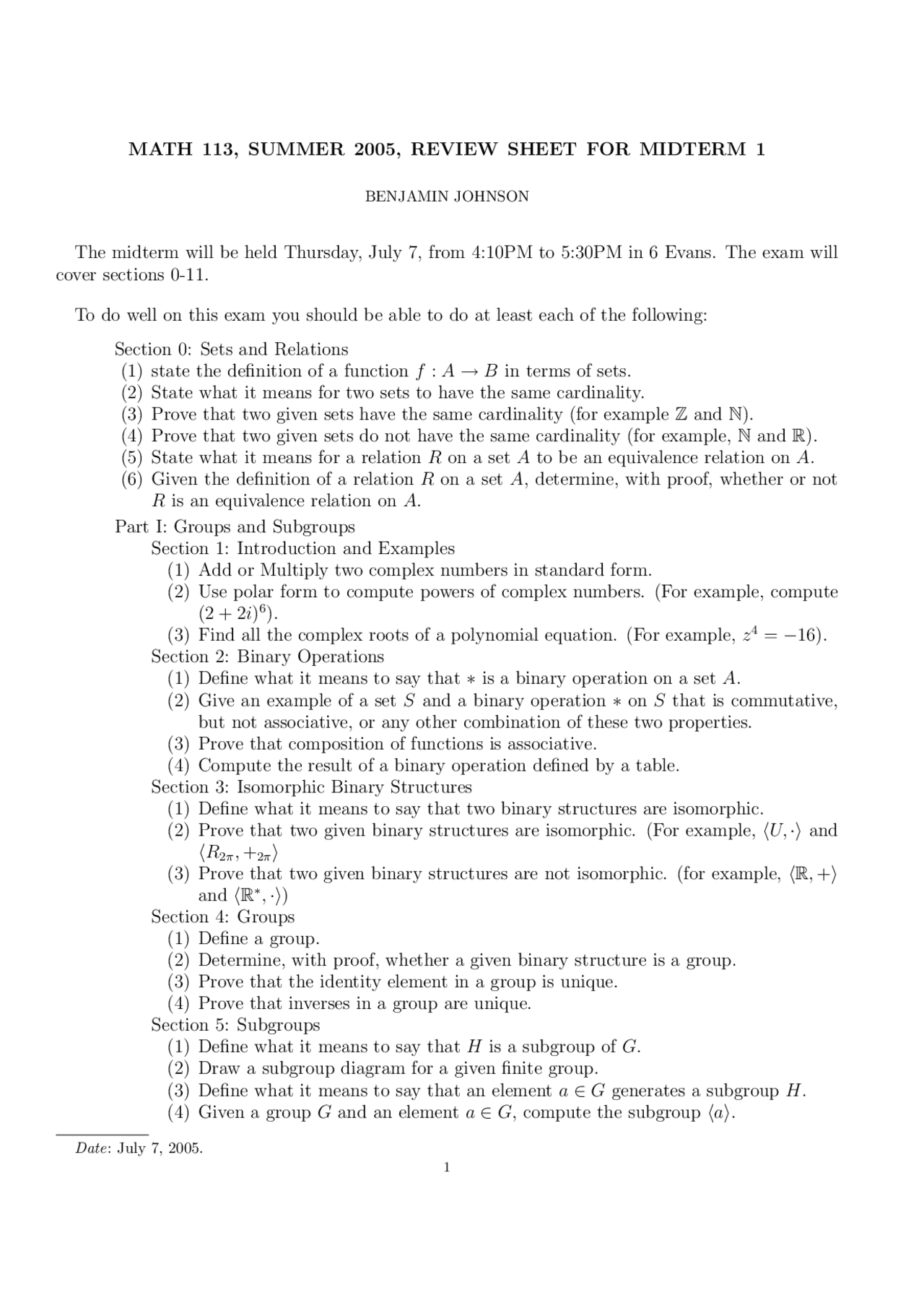Review Sheet For Midterm 1 Introduction To Abstract Algebra Math