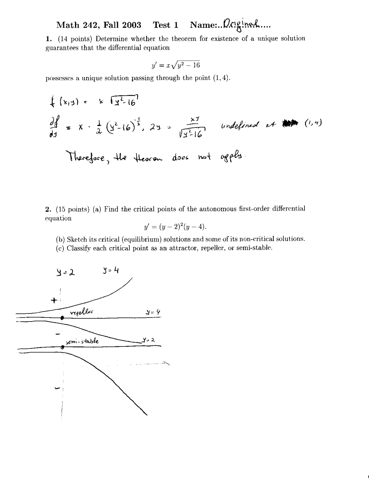 Solved Questions For Exam 1 Elementary Differential Equations Math
