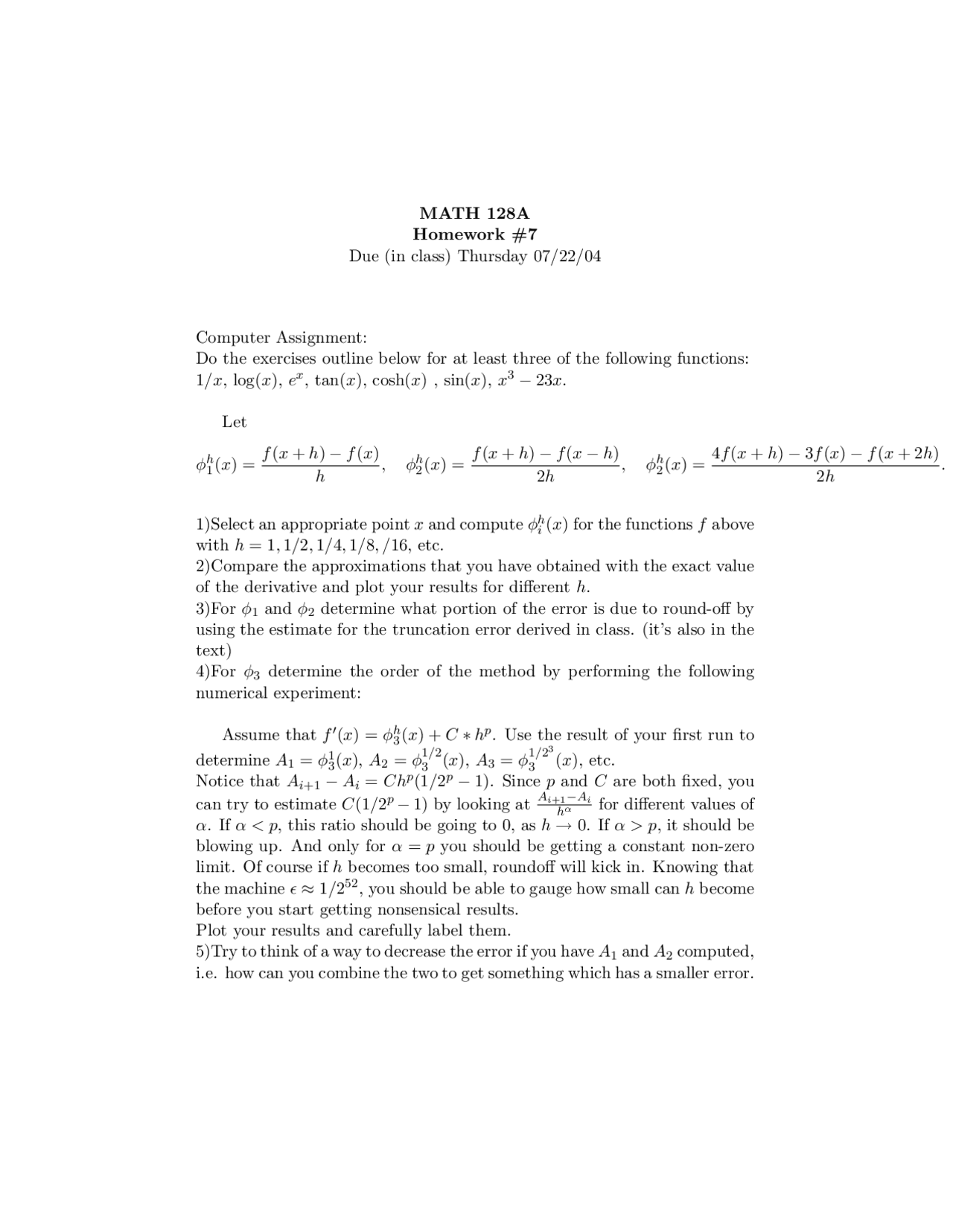 Homework 7 with 5 Practice Problems on Numerical Analysis | MATH 128A ...