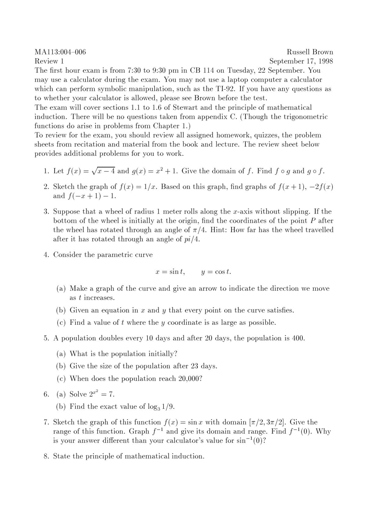 Review Problems for Exam 1 - Calculus I | MA 113 | Study notes ...
