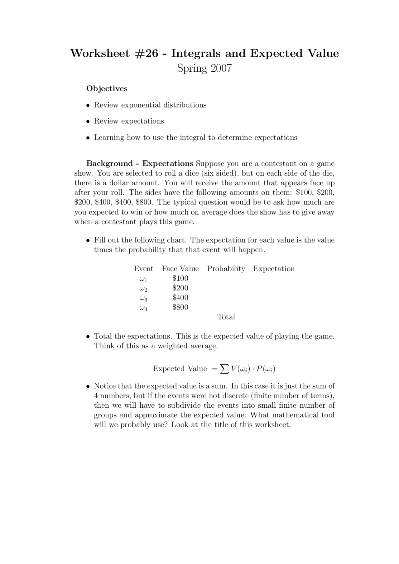 Worksheet 26 - Integral and Expected Value | MATH 122 - Docsity