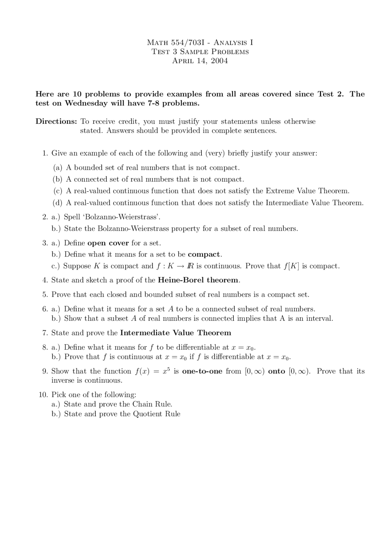 Test 3 Sample Problems Analysis I Math 554 Docsity