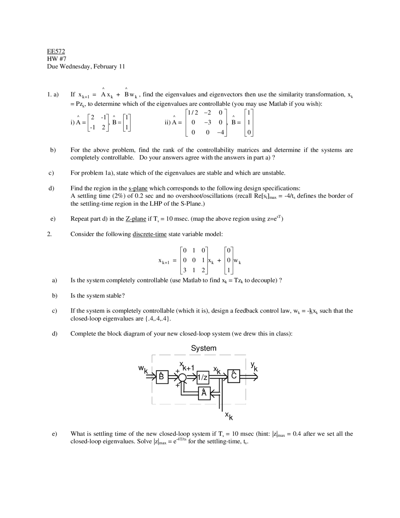 Digital Control of Dynamic System - Homework 7 Questions | EE 572 - Docsity