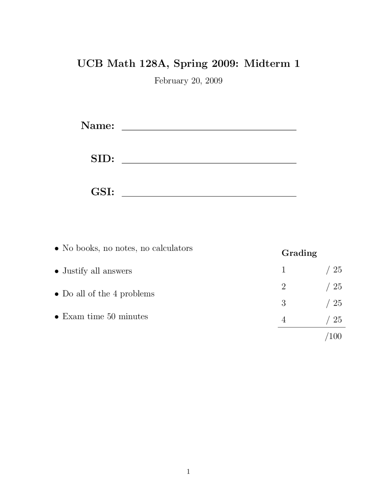 Midterm Exam 1 With 4 Problems Numerical Analysis Math 128a Docsity
