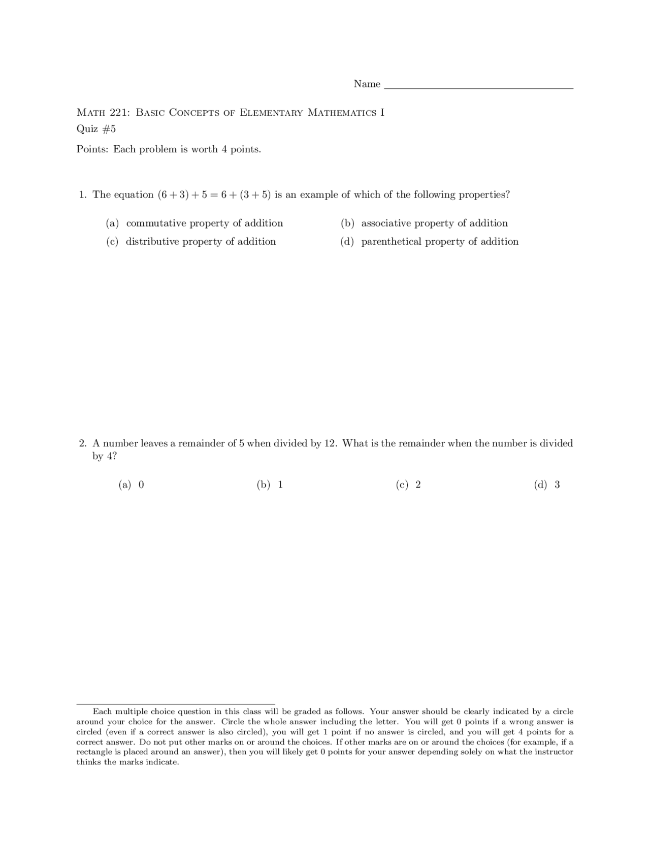 Quiz 5 Questions Basic Concepts Of Elementary Mathematics I Math 221