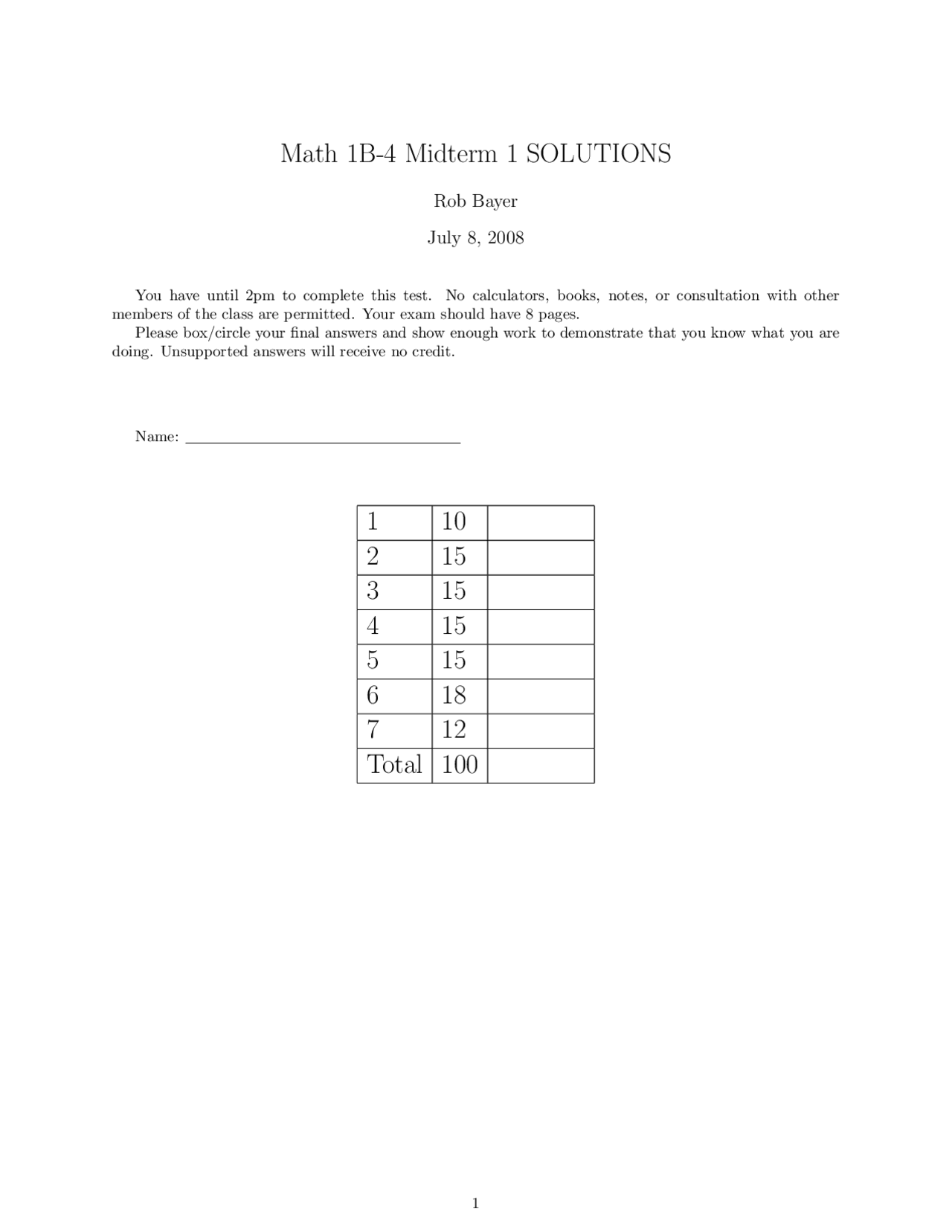 Midterm Exam 1 Solutions - Calculus | MATH 1B - Docsity