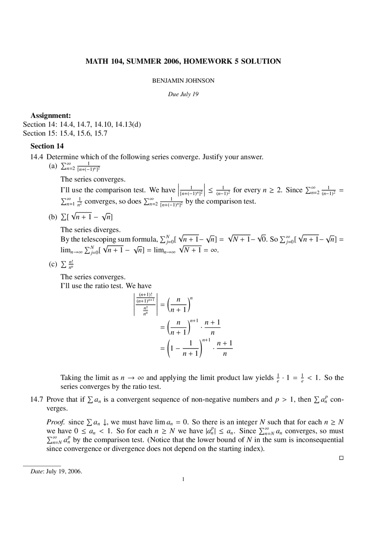 Introduction To Analysis Homework 5 Solutions Math 104 Docsity