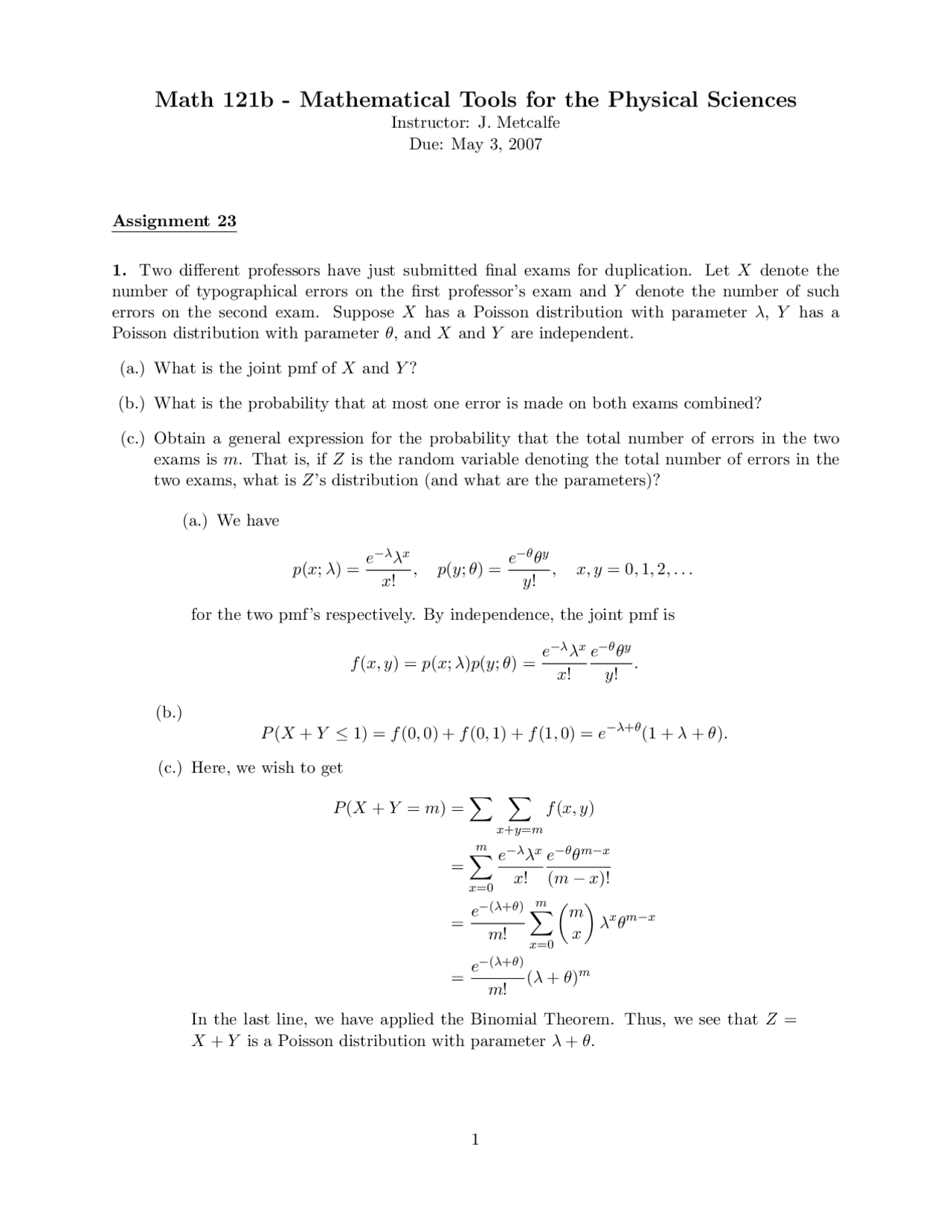 Solved Questions for Assignment 23 - Mathematics Physical Science | MATH 121B - Docsity