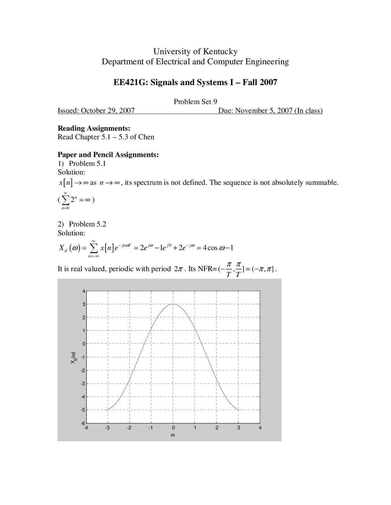 Assignment 9 For Signals And Systems I Ee 421g Docsity