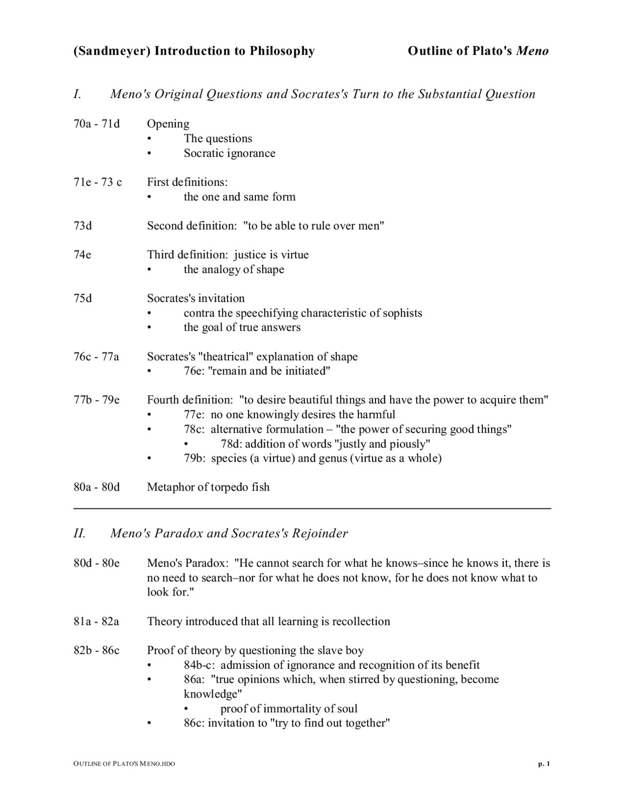 Introduction to Philosophy Outline of Plato's Meno | PHI 100 - Docsity