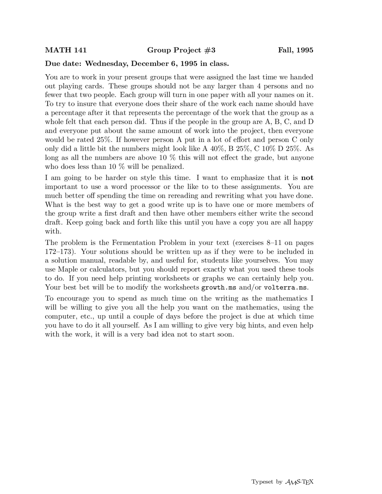 Fermentation Problem - Calculus I – Group Project | MATH 141 - Docsity