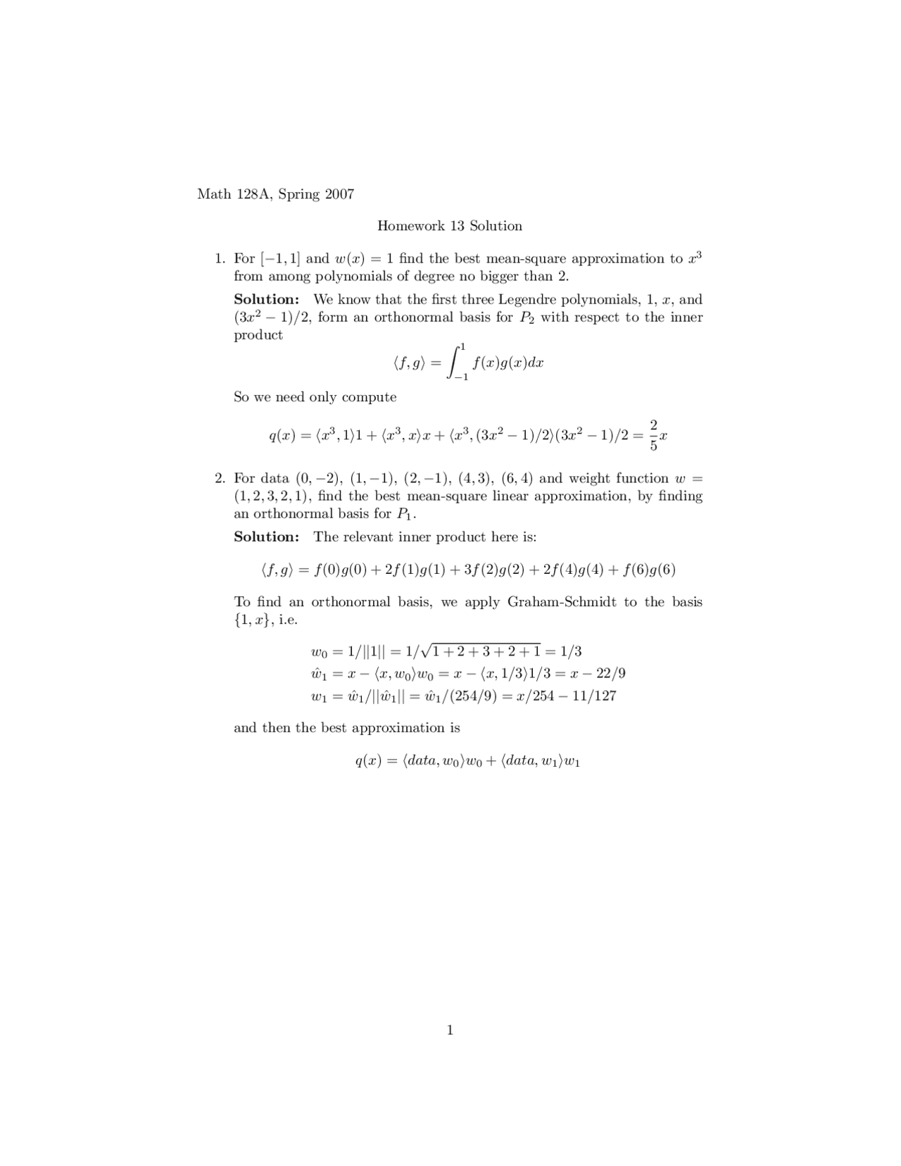 Numerical Analysis Solutions For Homework 13 Math 128a Docsity