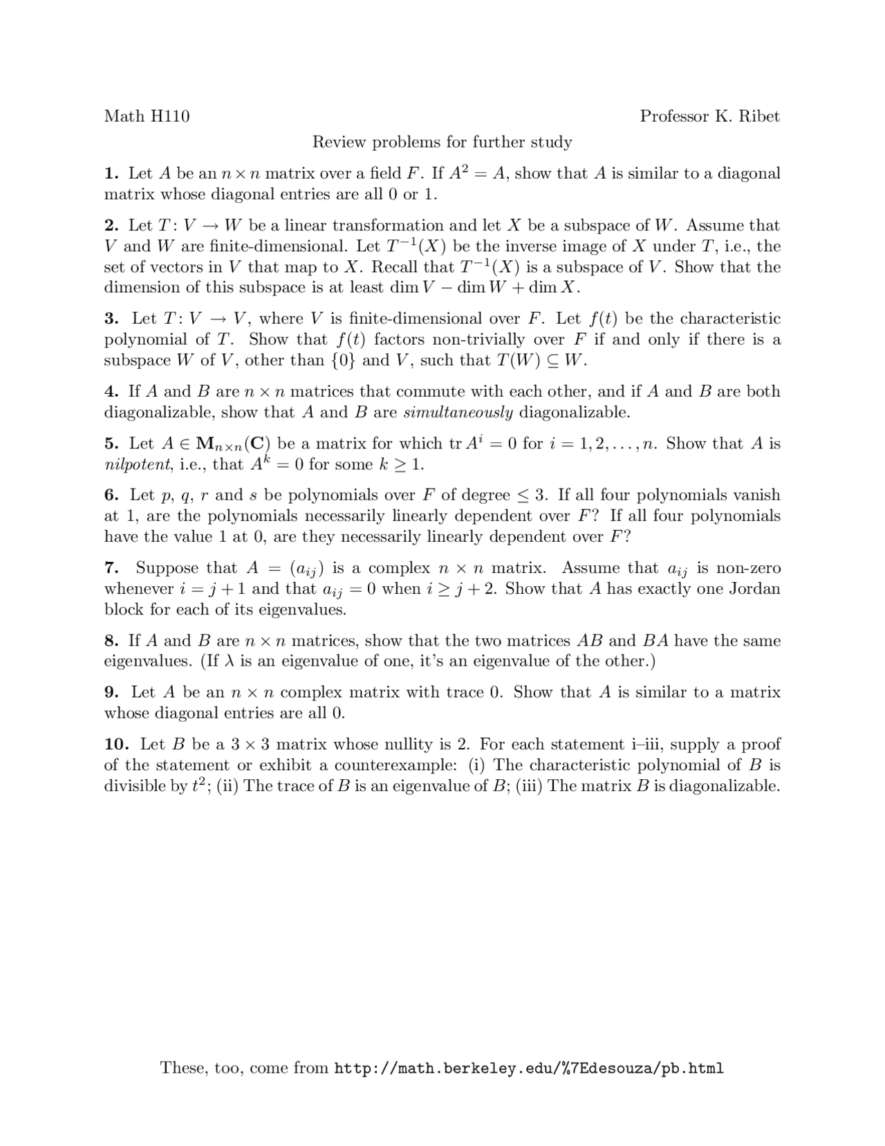 Honors Linear Algebra Review Problems Math H110 Docsity