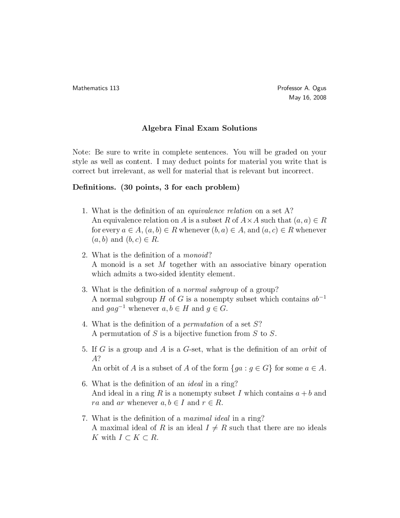 Solutions to Final Exam - Introduction to Abstract Algebra | MATH 113 ...