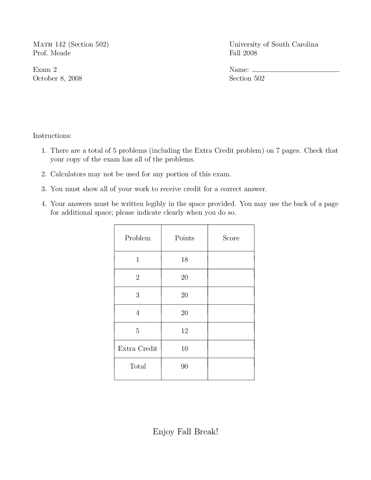 5 Unsolved Problems On Calculus Ii Examination 2 Math 142 Docsity