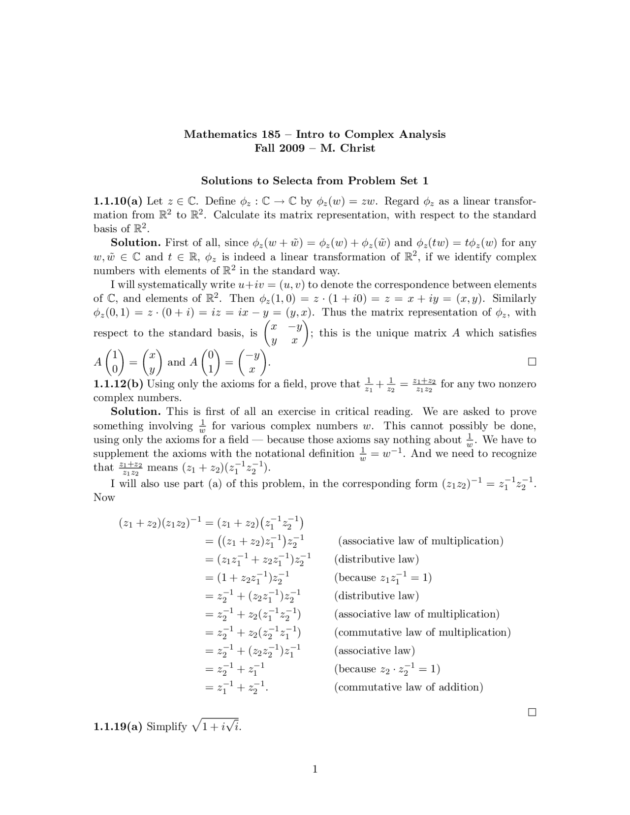 Solutions To Problem Set 1 Introduction To Complex Analysis Math