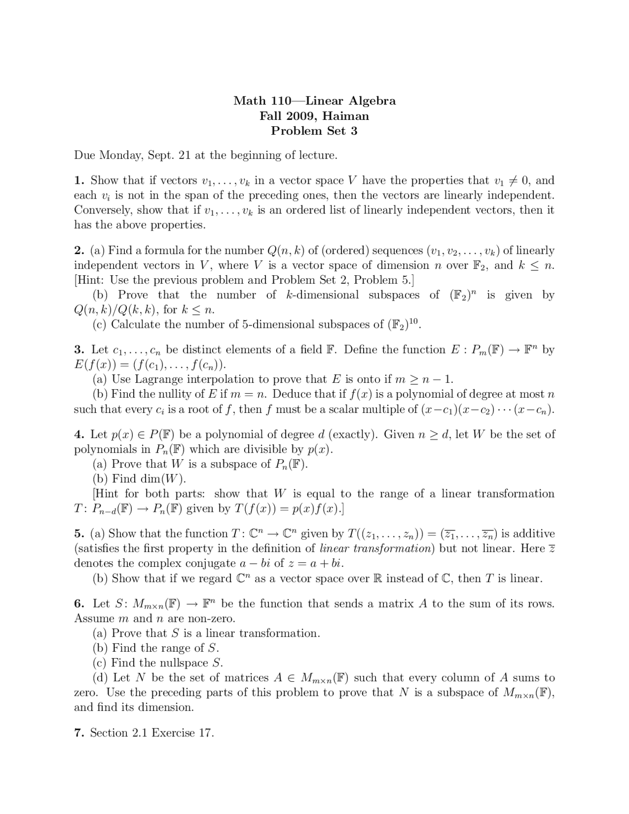 Linear Algebra 6 Problems For Assignment 6 Math 110 Docsity