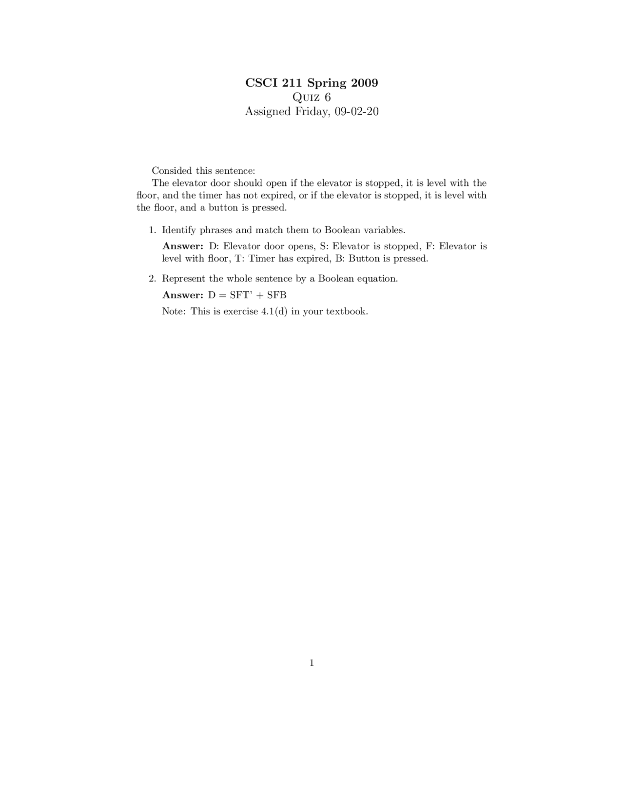 Quiz 6 For Digital Logic Design Csce 211 Docsity