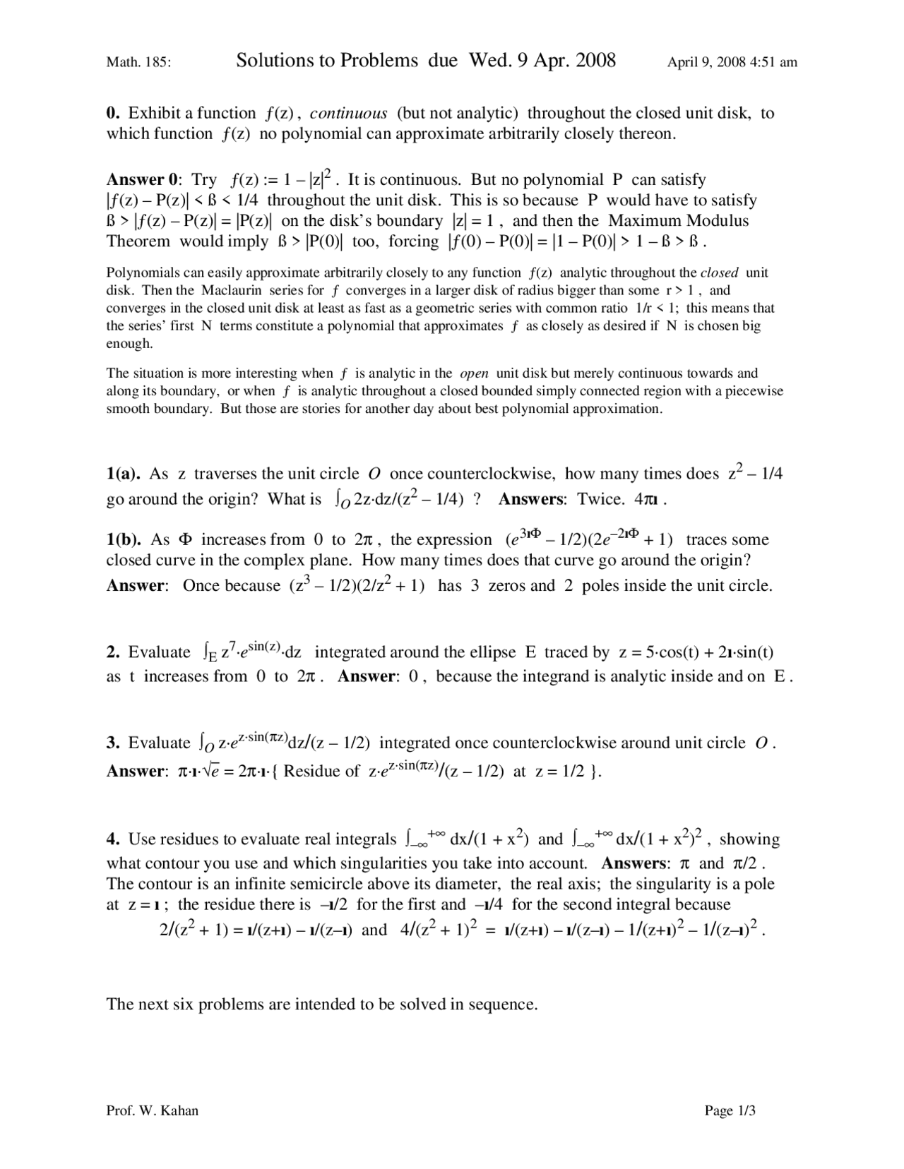 Introduction To Complex Analysis Problems With Solutions Math 185