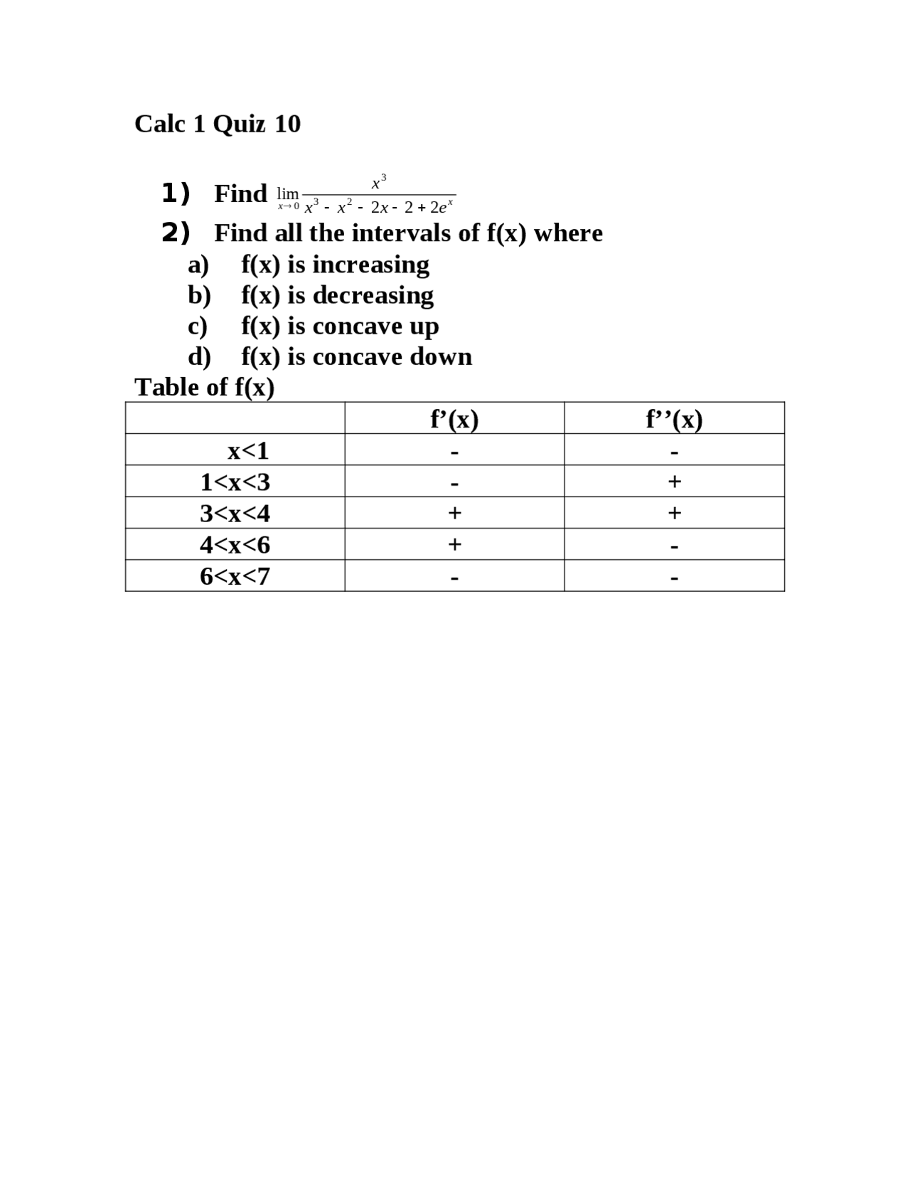 Questions for Quiz Ten - Calculus I | MATH 141 - Docsity