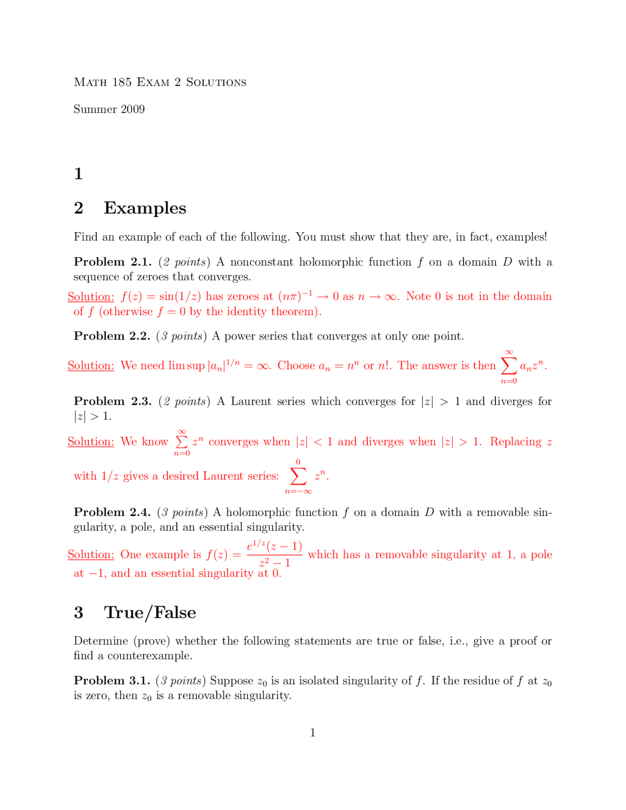 Exam 2 Solutions Introduction To Complex Analysis Math 185 Docsity