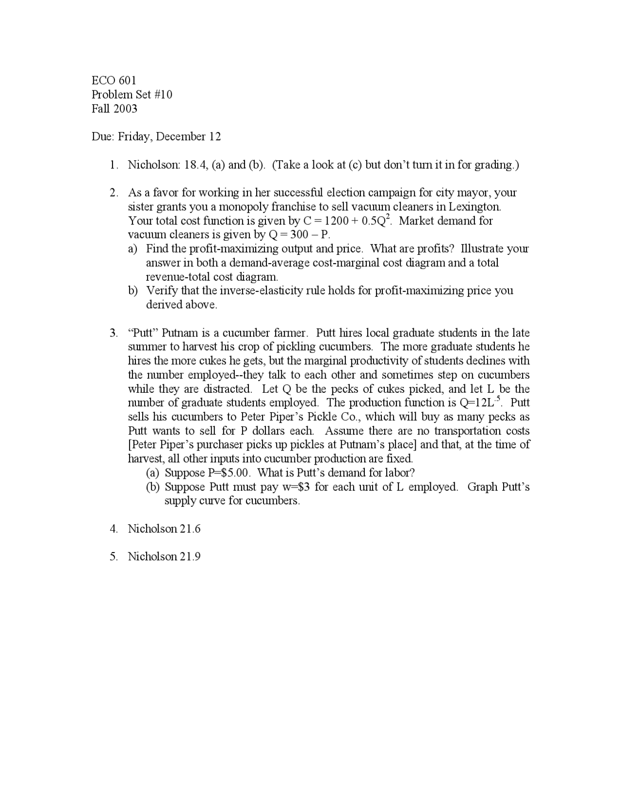 Problem Set 10 Questions Advanced Microeconomics Theory Eco 601