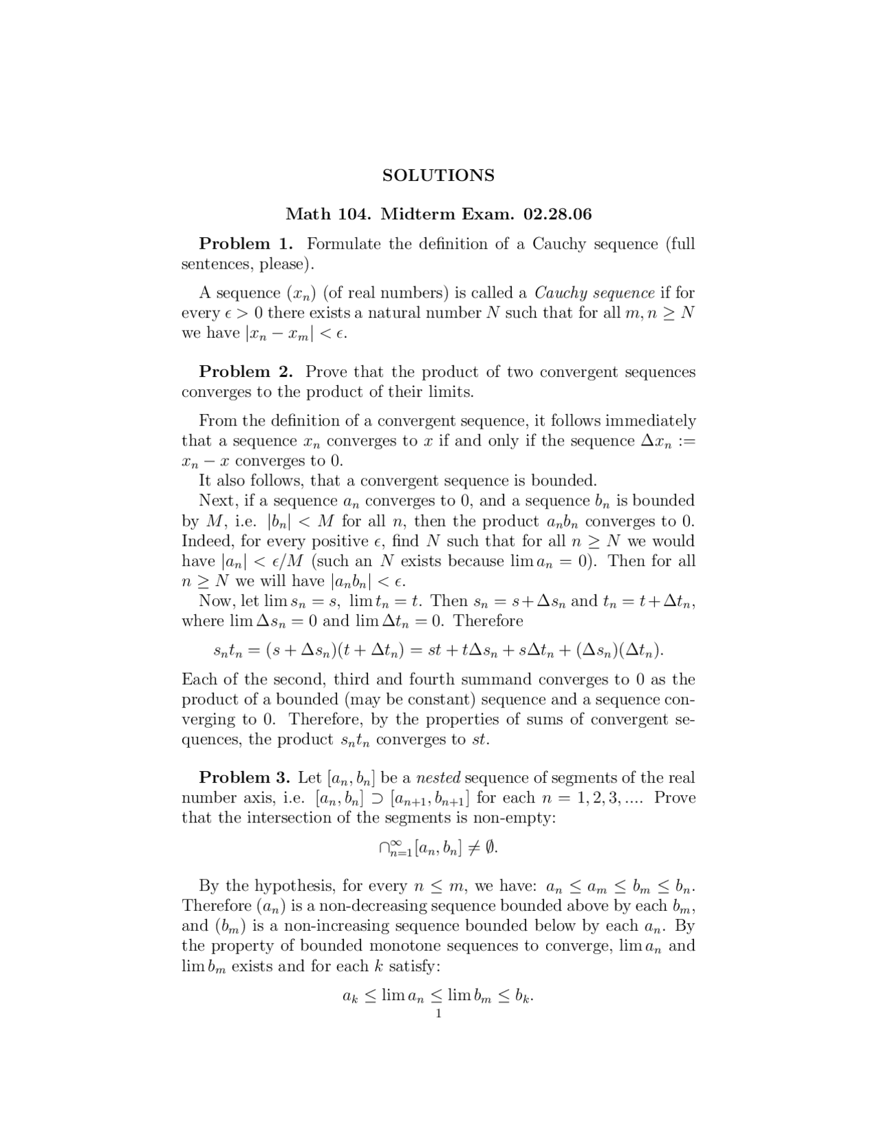 Introduction To Analysis Solutions Key For Midterm Exam Math 104