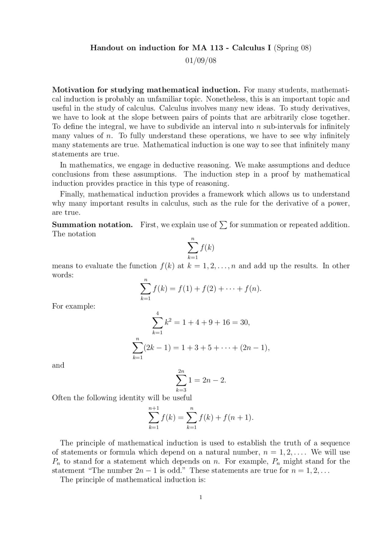 Motivation for Studying Mathematical Induction, Summation Notation | MA 113 - Docsity