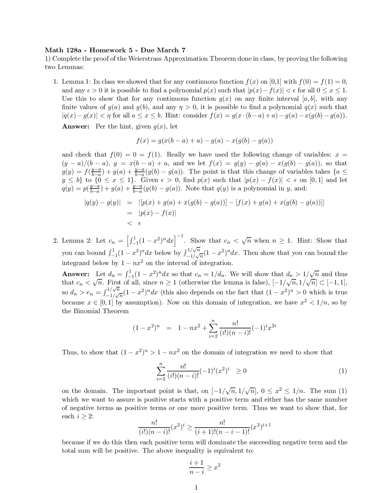 Math 128a HW 5: Weierstrass Approximation Theorem Proof & Polynomial ...
