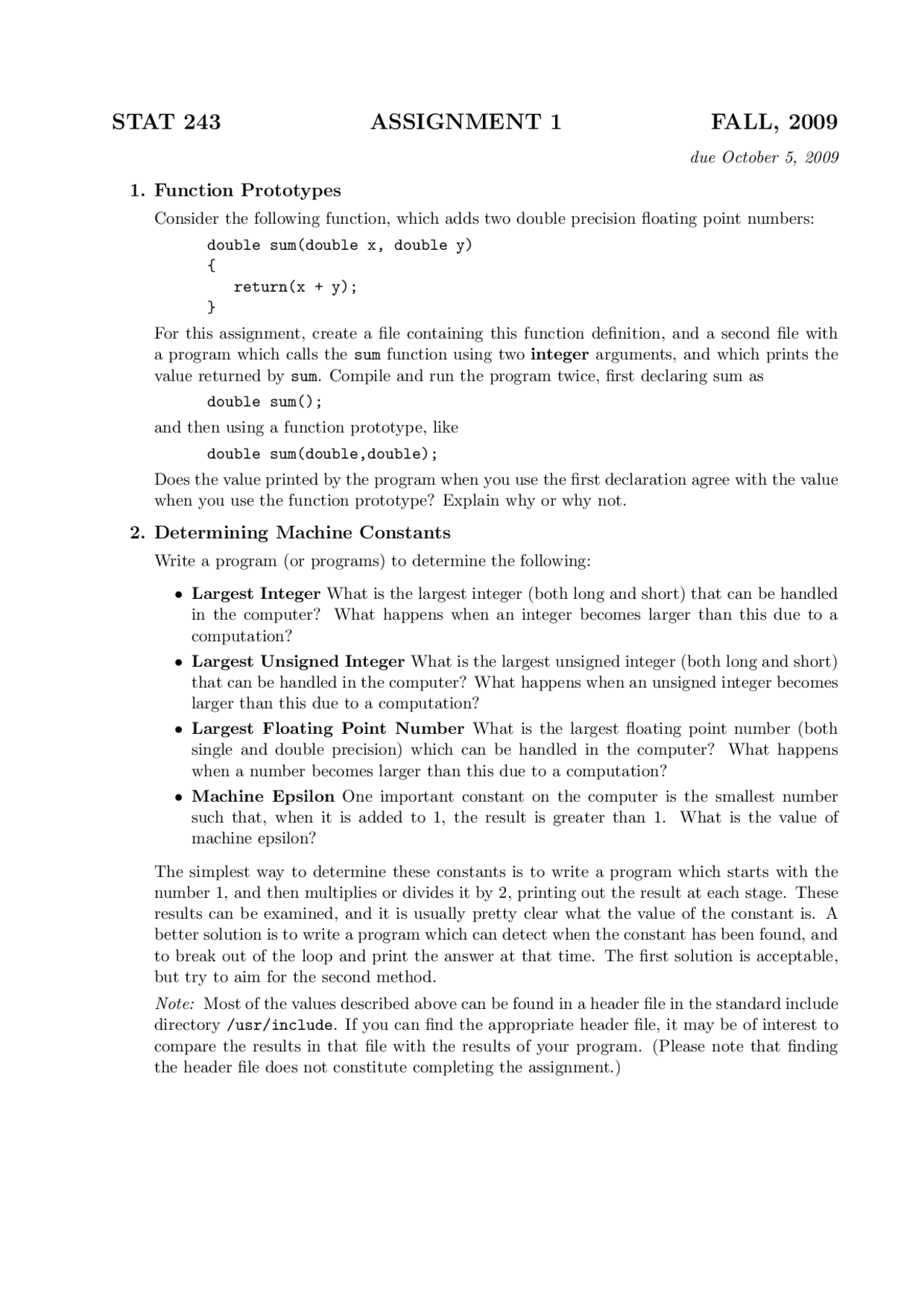 Function Prototypes - Assignment 1 | Introduction to Statistical Computing | STAT 243 - Docsity