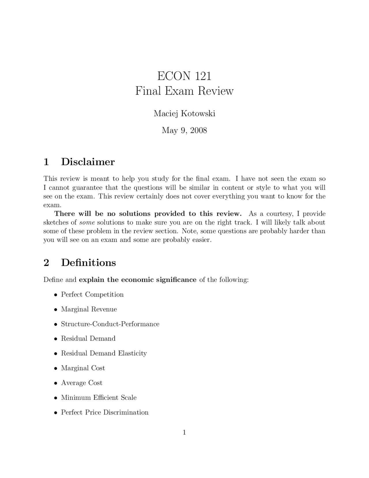 Final Exam Review - Industrial Organization and Public Policy | ECON 121 | Exams Economics | Docsity