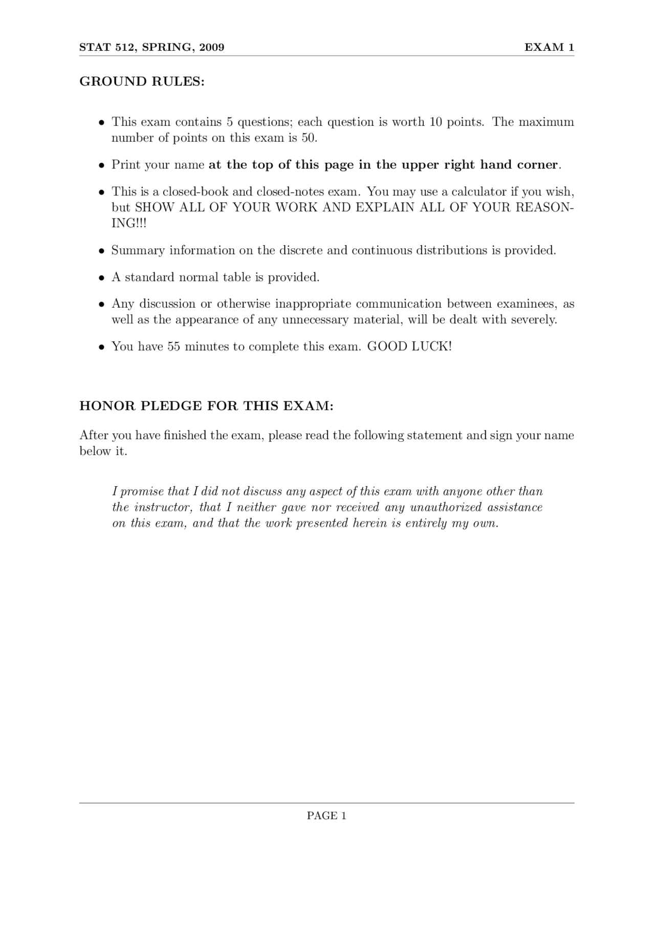 Exam 1 For Mathematical Statistics Stat 512 Docsity