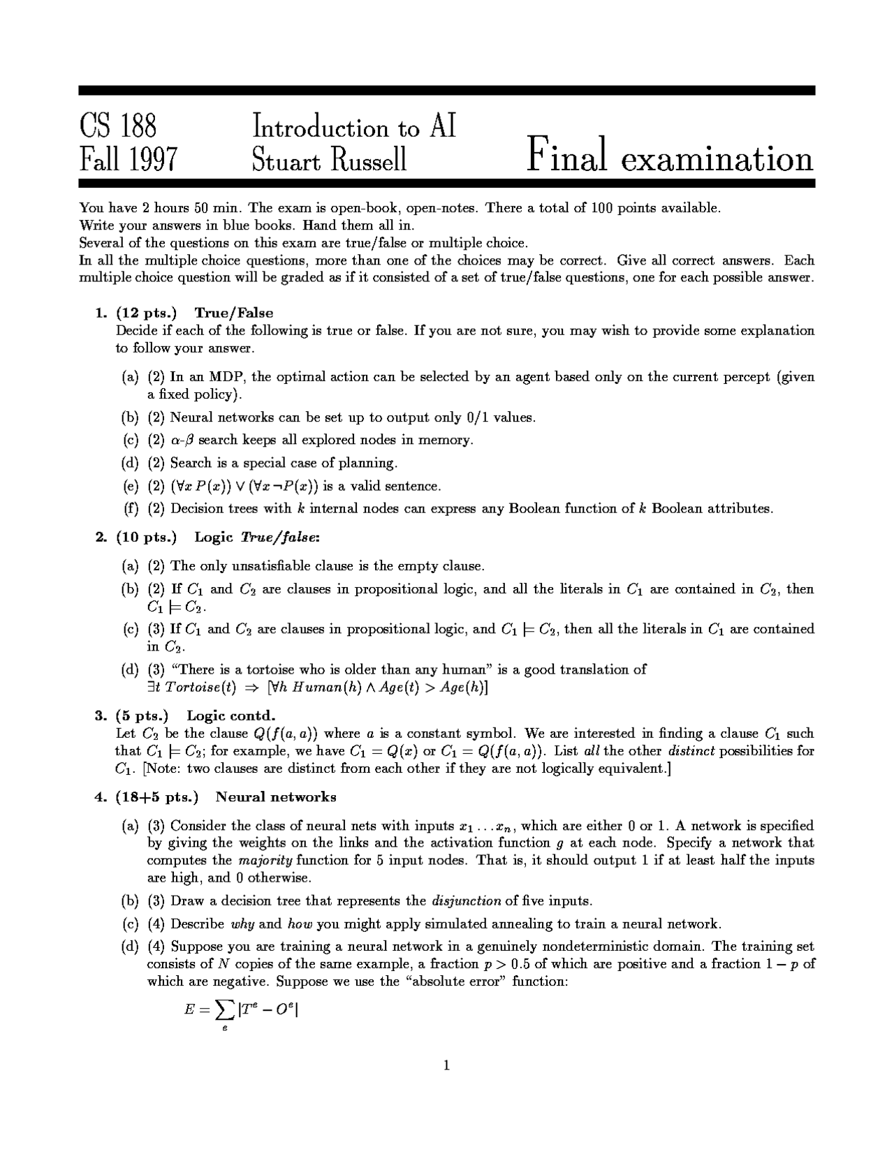 Introduction to AI Final Examination: Exercises and Questions | Exams ...