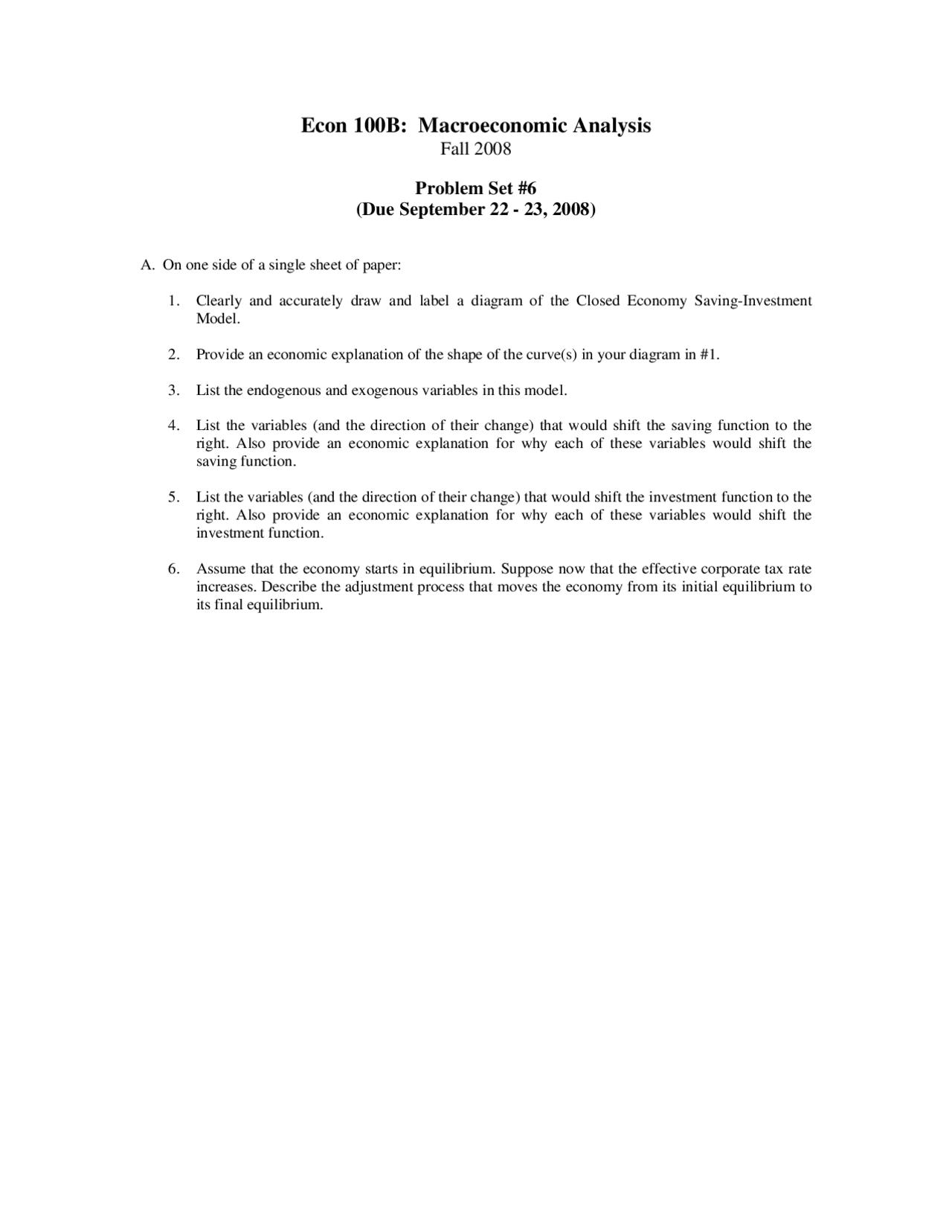 Problem Set 6 Macroeconomic Analysis Econ 100b Assignments