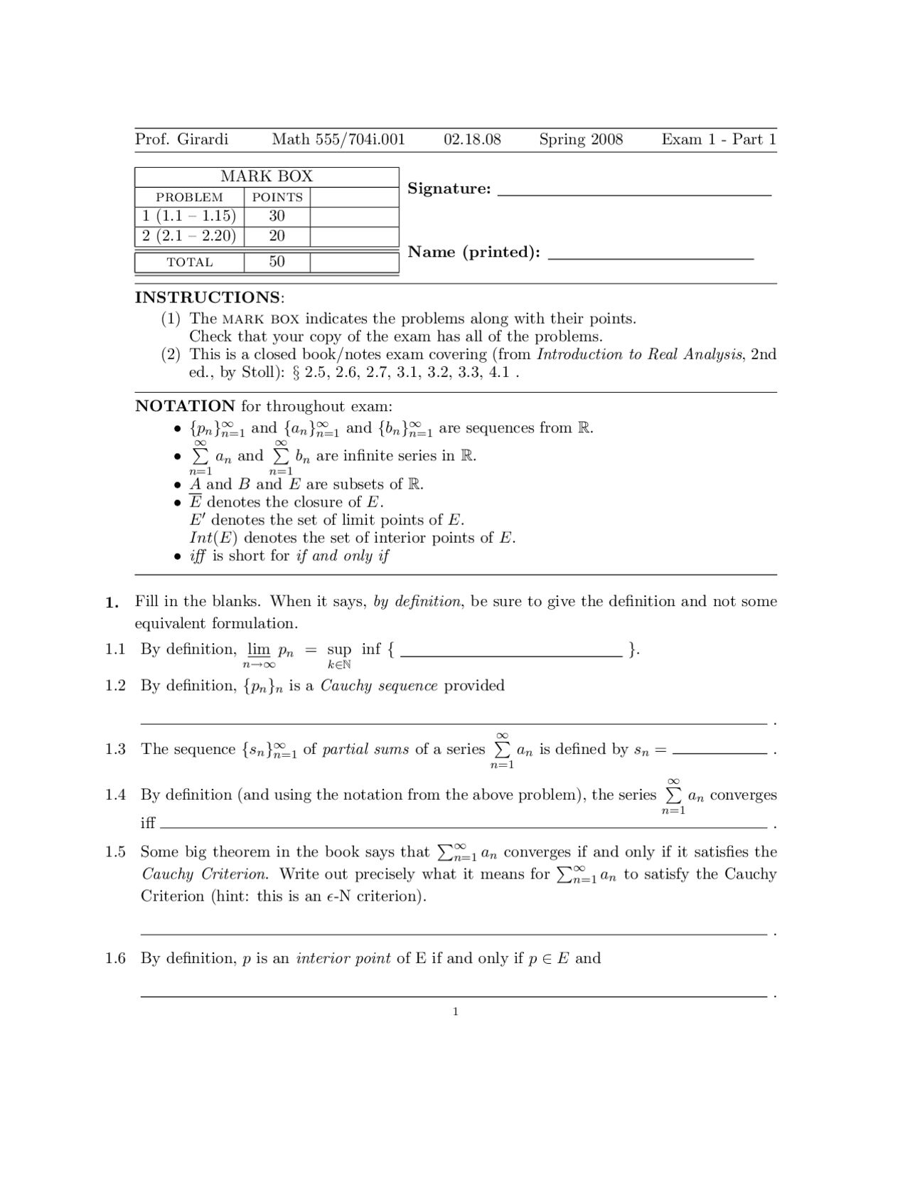 Spring 2008 Math 555/704i.001 Exam 1 - Part 1 | Exams Mathematics | Docsity
