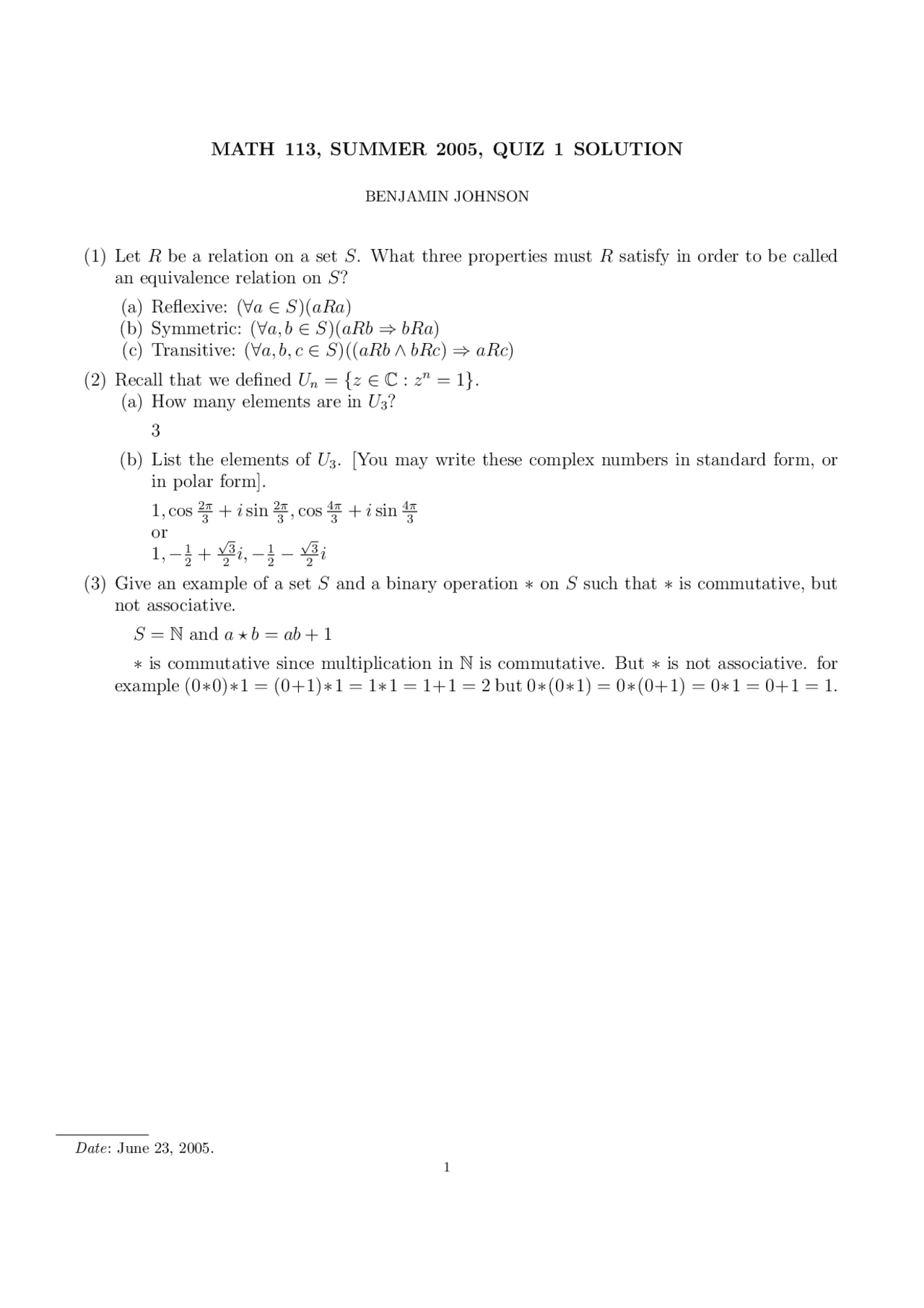 Introduction To Abstract Algebra Quiz 1 With Solutions Math 113