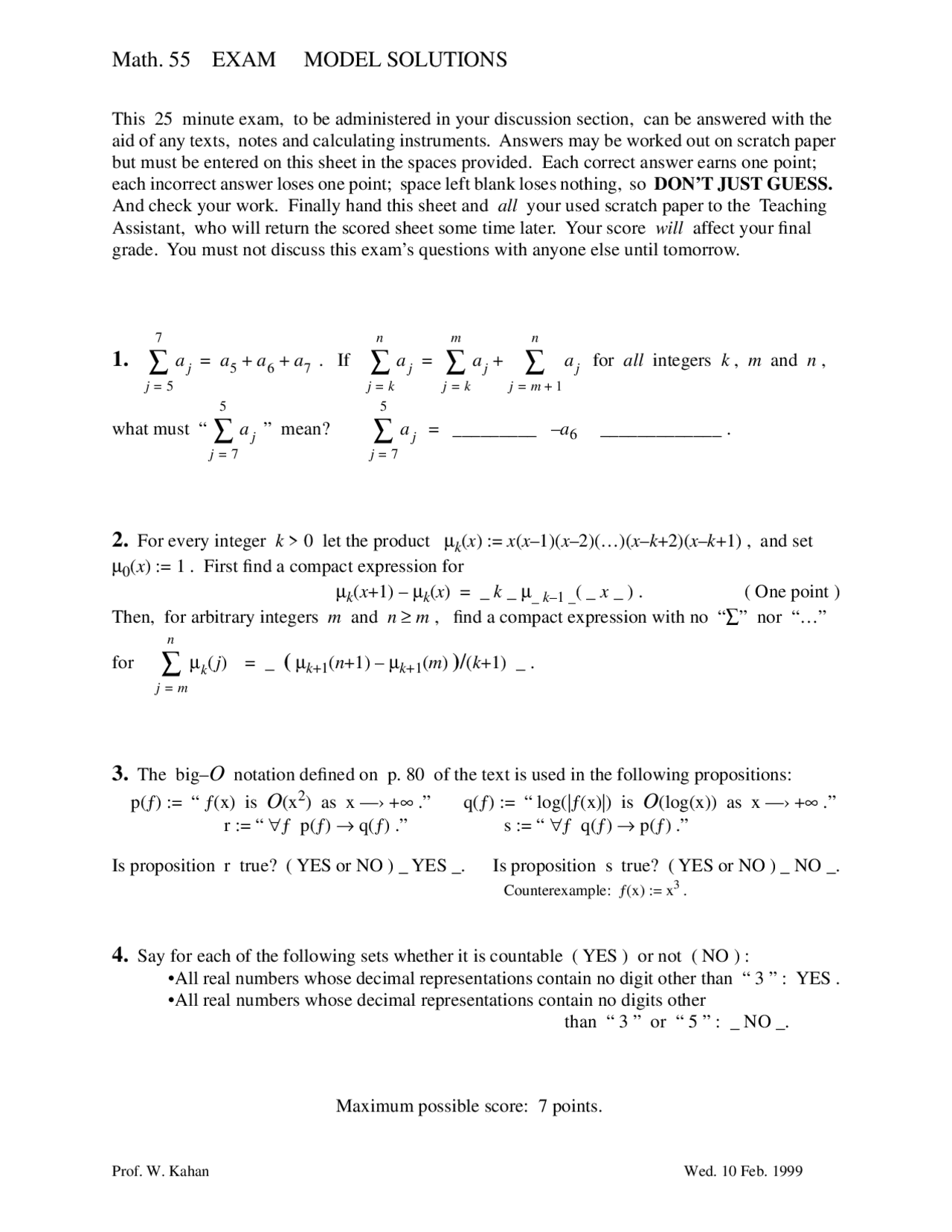 Model Solutions For Exam Discrete Mathematics Math 055 Docsity