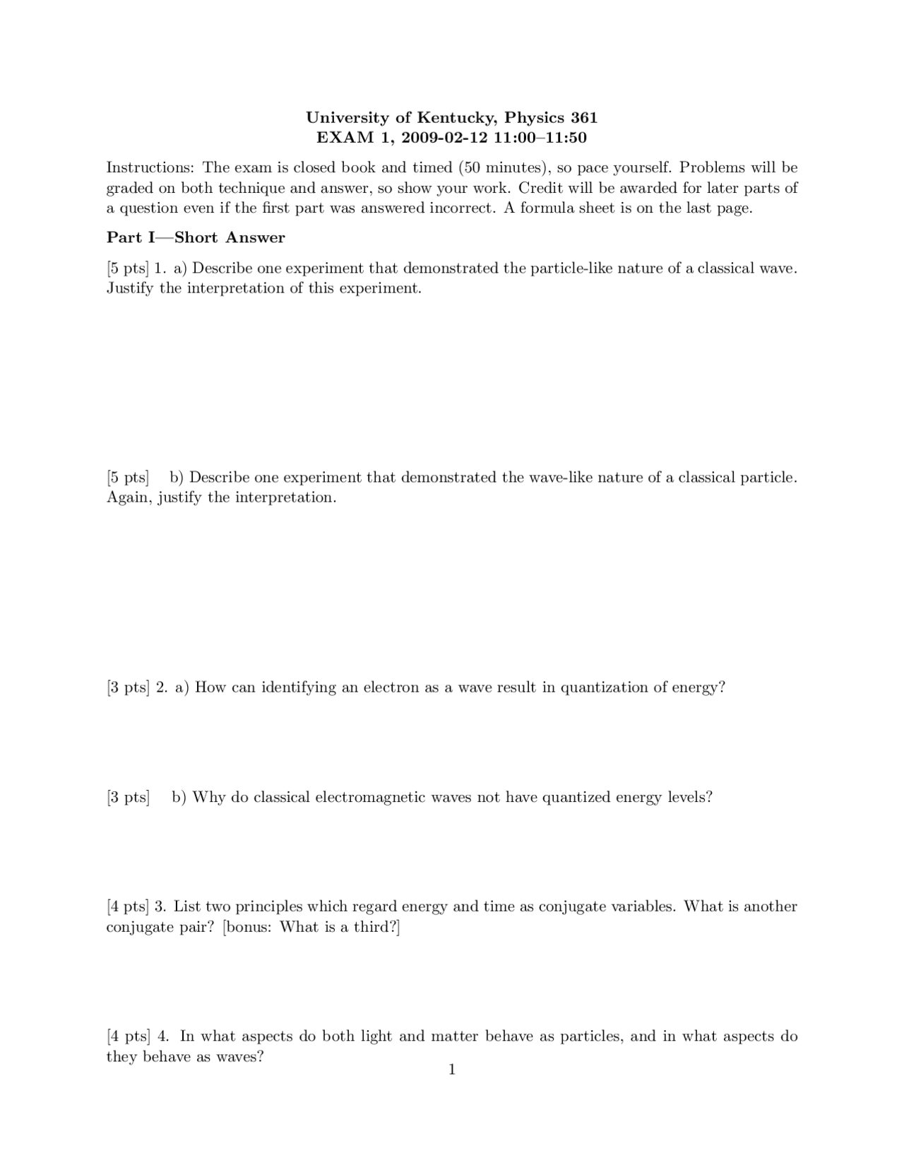 Principles Of Modern Physics Exam I Questions Phy 361 Docsity