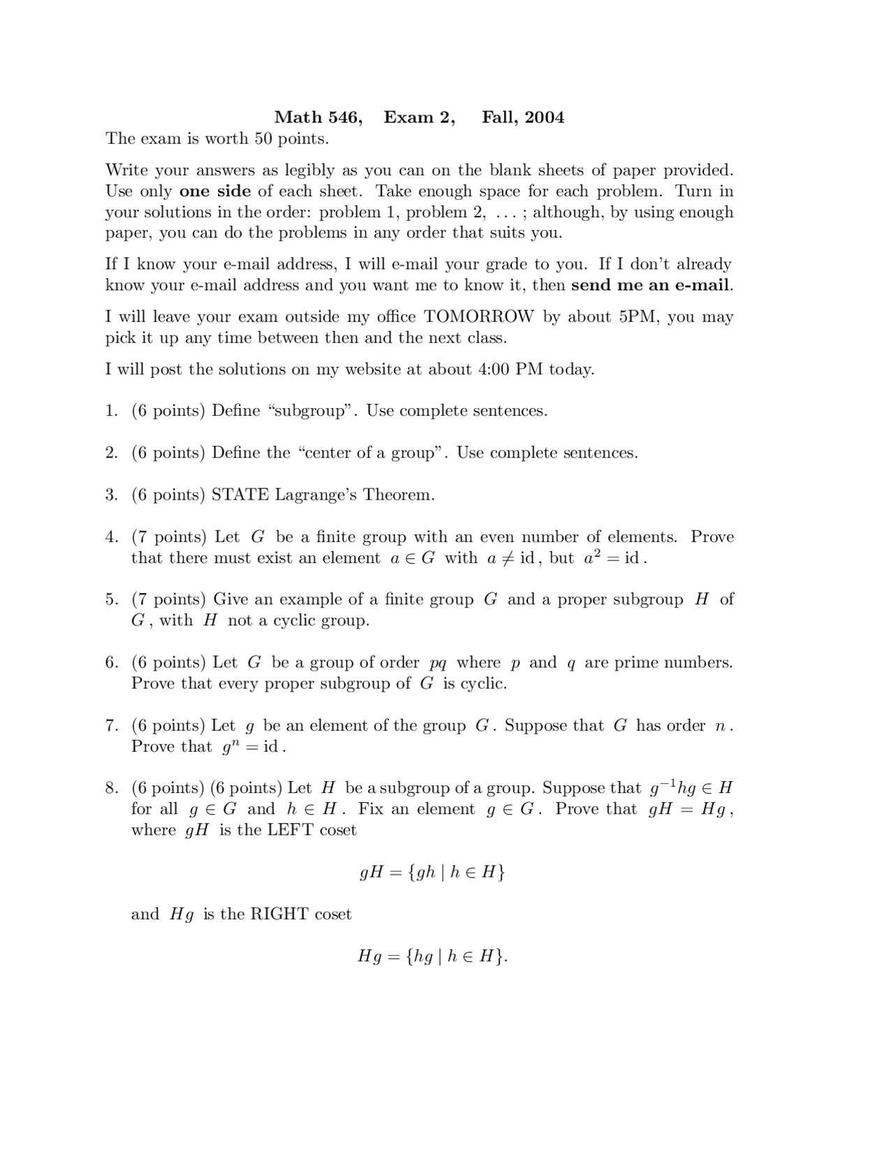 Exam 2 Questions Algebraic Structures I Math 546 Docsity