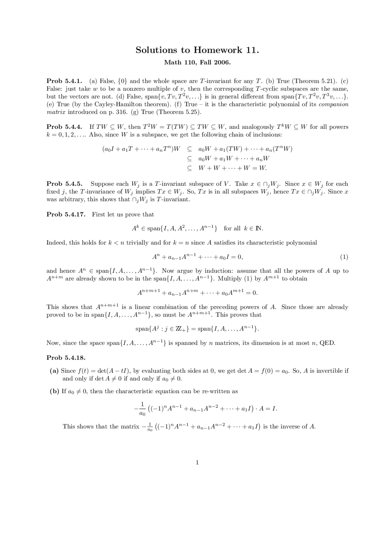 Solutions To Assignment 11 Linear Algebra Math 110 Docsity