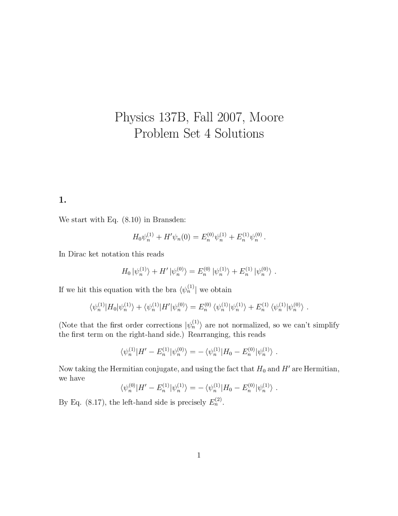 4 Solved Problems On Quantum Physics Homework 4 Physics 137b Docsity