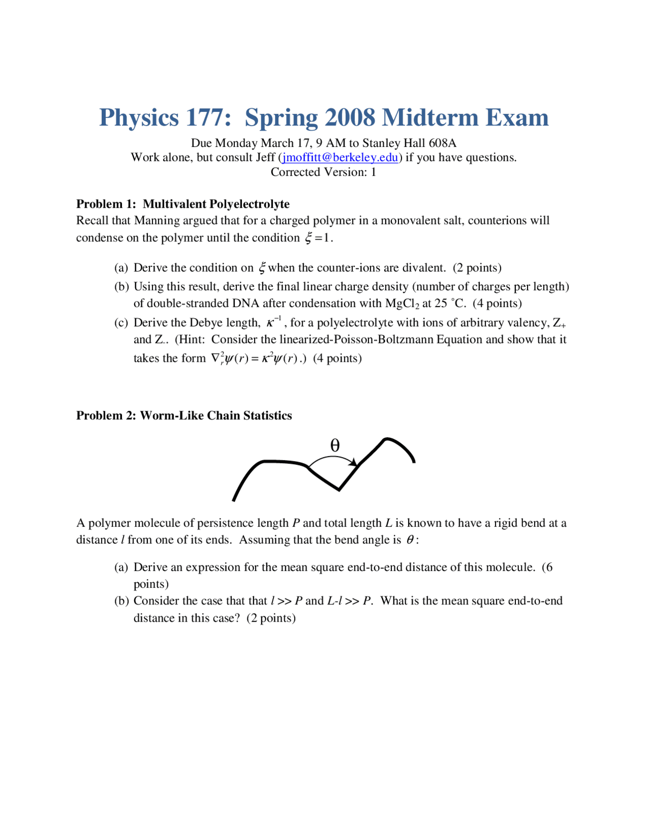 Practice Midterm Exam With 6 Problems Molecular Biophysics Physics