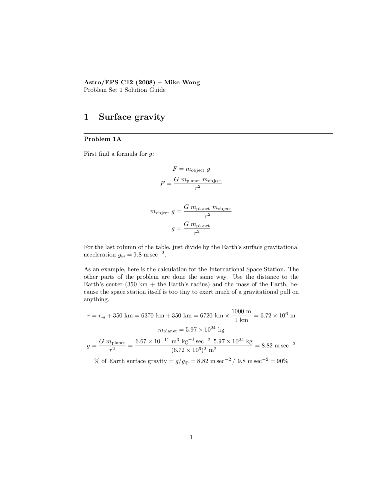 Problem Set1 For Solution Guide The Plants Surface Gravity And