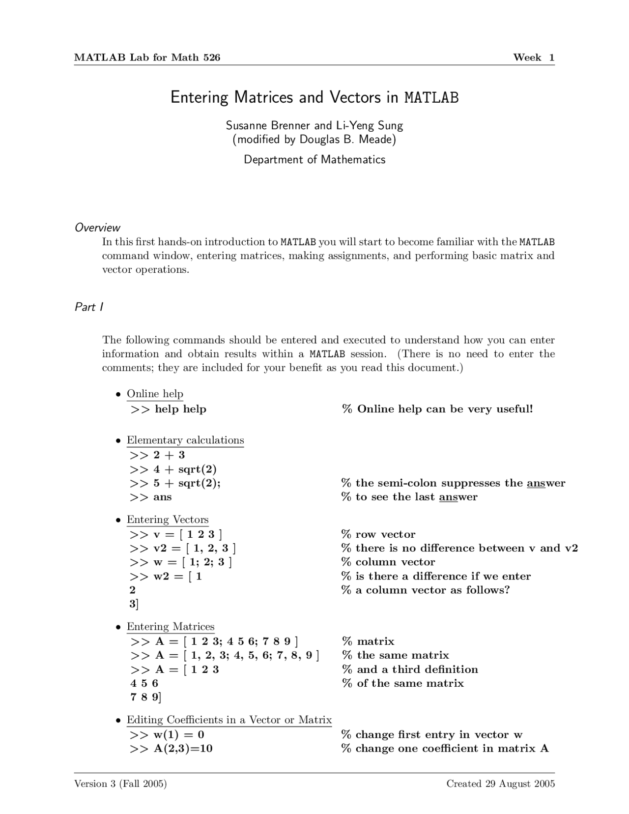 Entering Matrices and Vector in MATLAB - Lab 1 | MATH 526 - Docsity