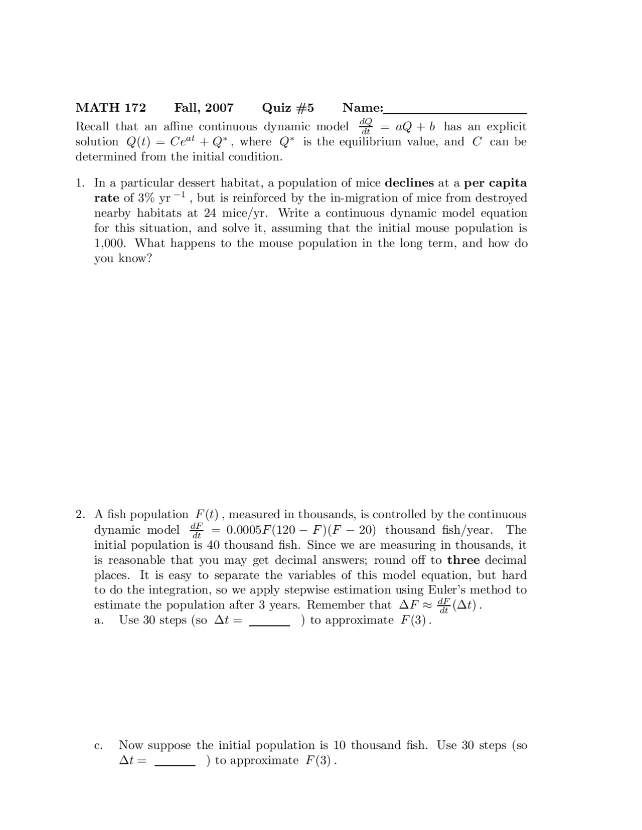 Quiz 5 Questions For Mathematical Modeling Life Science Fall 2007