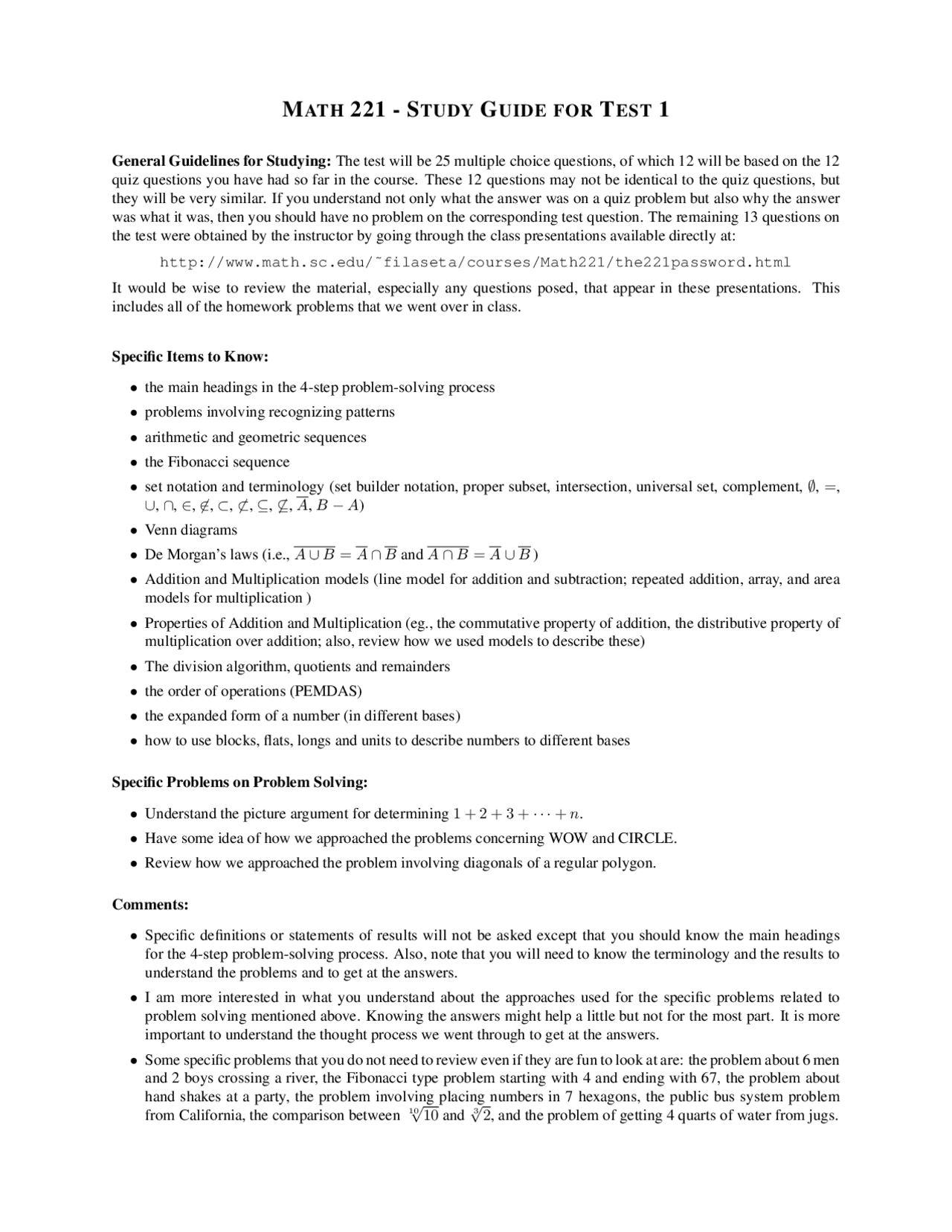 Study Guide for Test 1 - Basic Concepts of Elementary Mathematics I ...