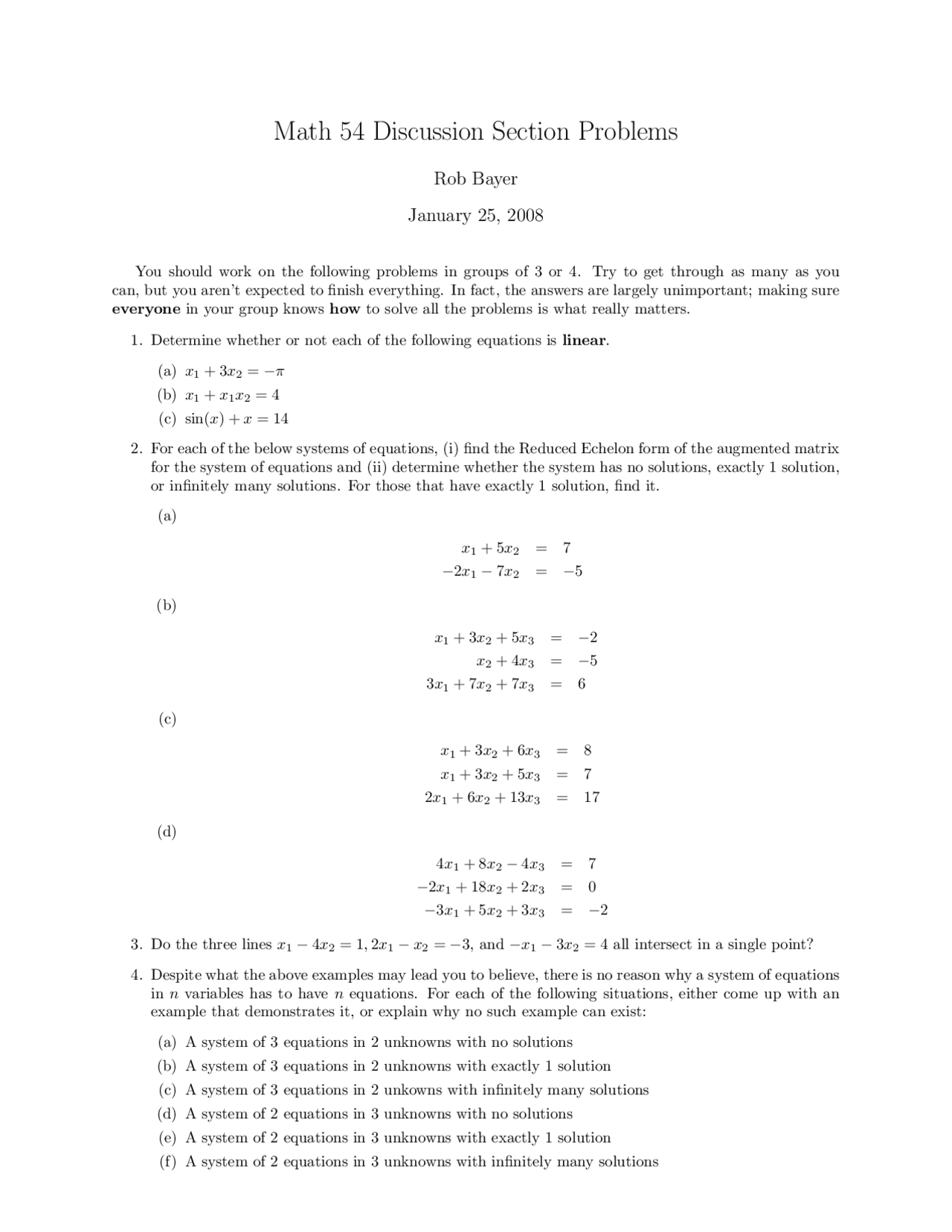 Discussion Section Problems On Linear Algebra And Differential