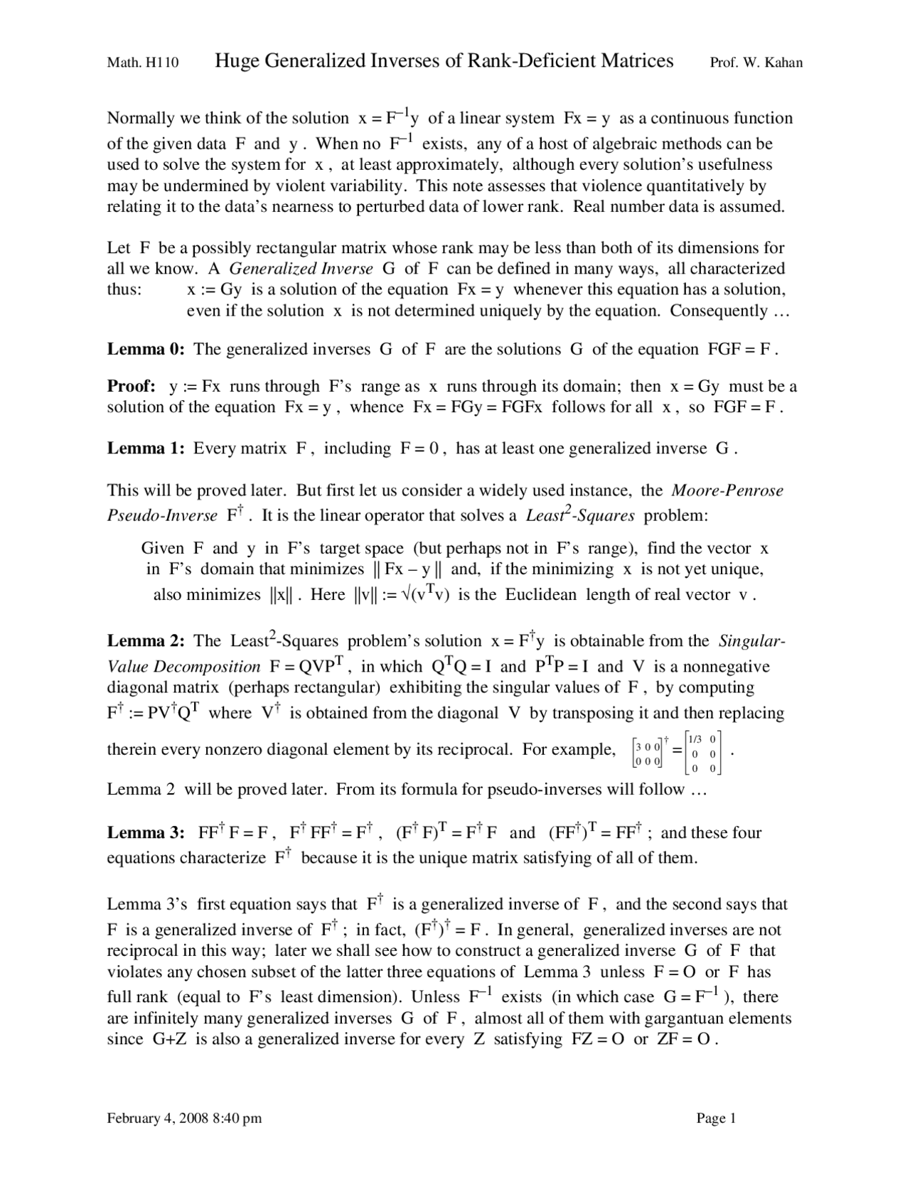 Huge Generalized Inverses of Rank-Deficient Matrices | MATH H110 - Docsity