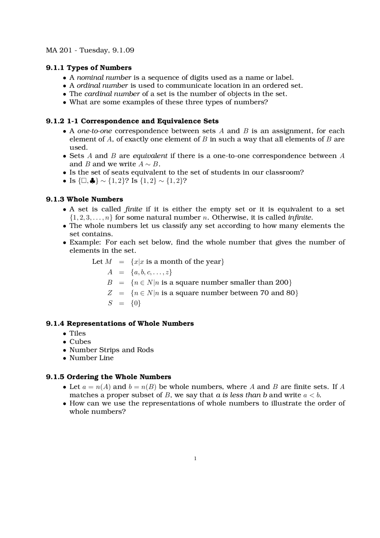 Types Of Numbers Correspondence And Equivalence Sets Notes Ma 201